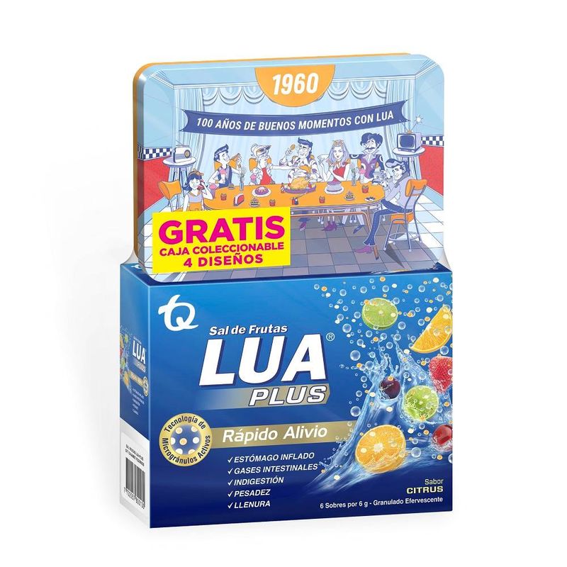 Sal De Frutas Lua Plus 6 sobres gratis caja metálica - Tiendas Metro